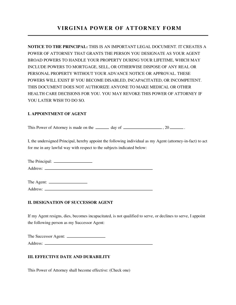 Virginia Power of Attorney Form - LegalTemplates